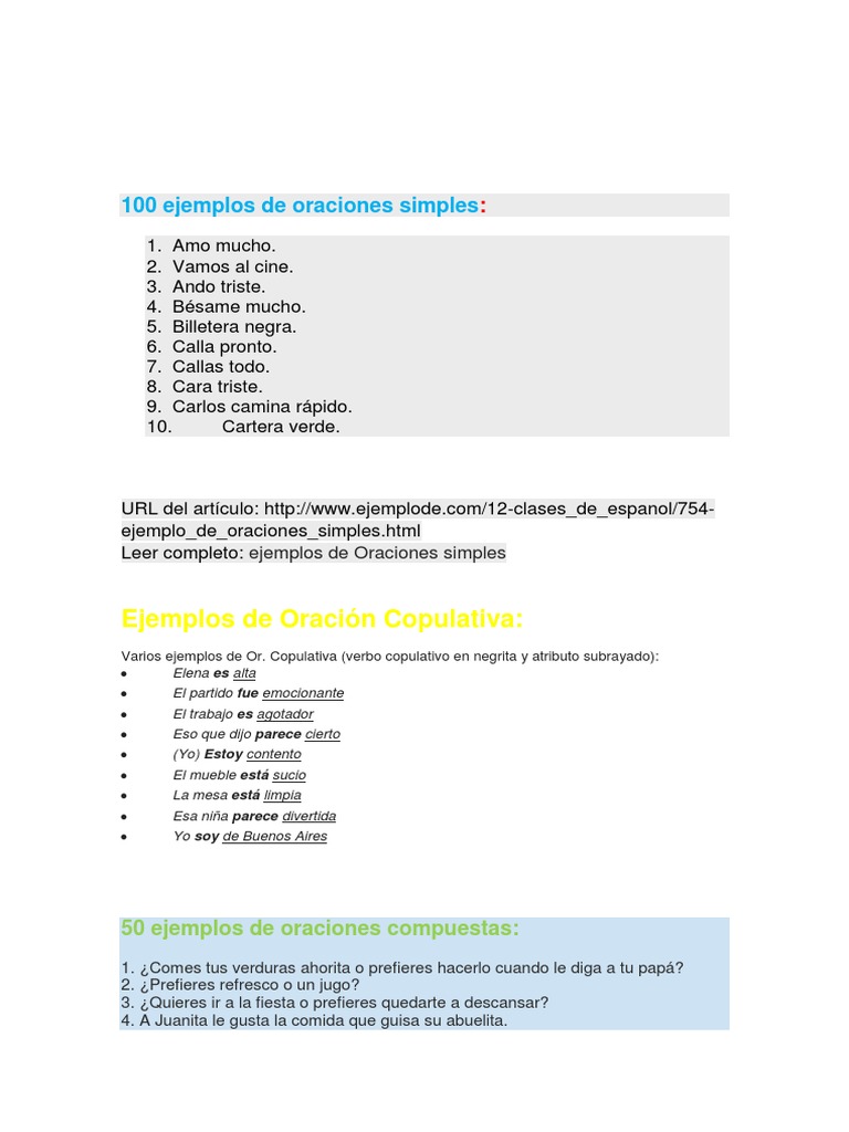 100 Ejemplos de Oraciones Simples | PDF