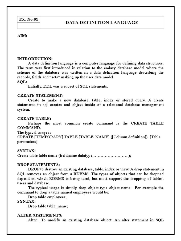 Data Definition Language: EX. No:01 | PDF | Pl/Sql | Information Retrieval
