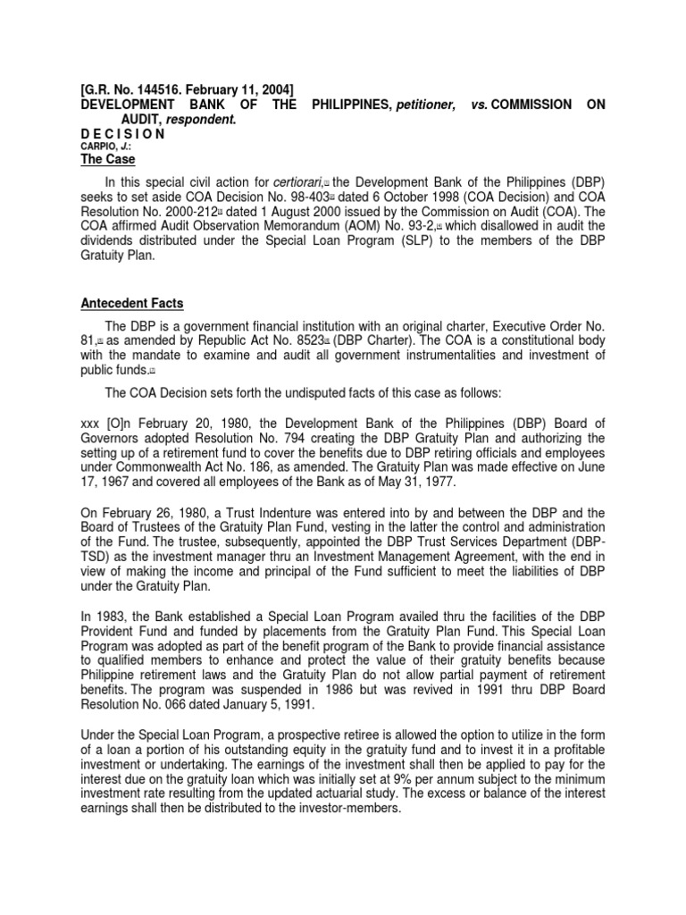 DBP vs. COA: Gratuity Fund Dispute | PDF | Trust Law | Trustee
