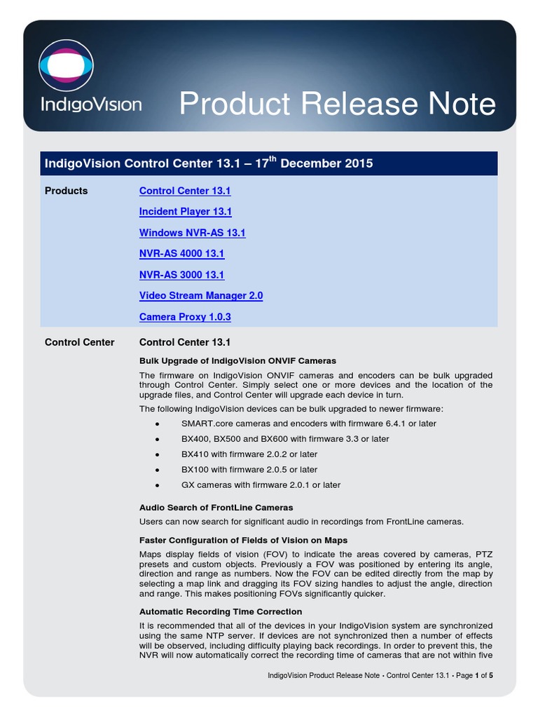 Product Release Note. IndigoVision Control Center TH December Products ...