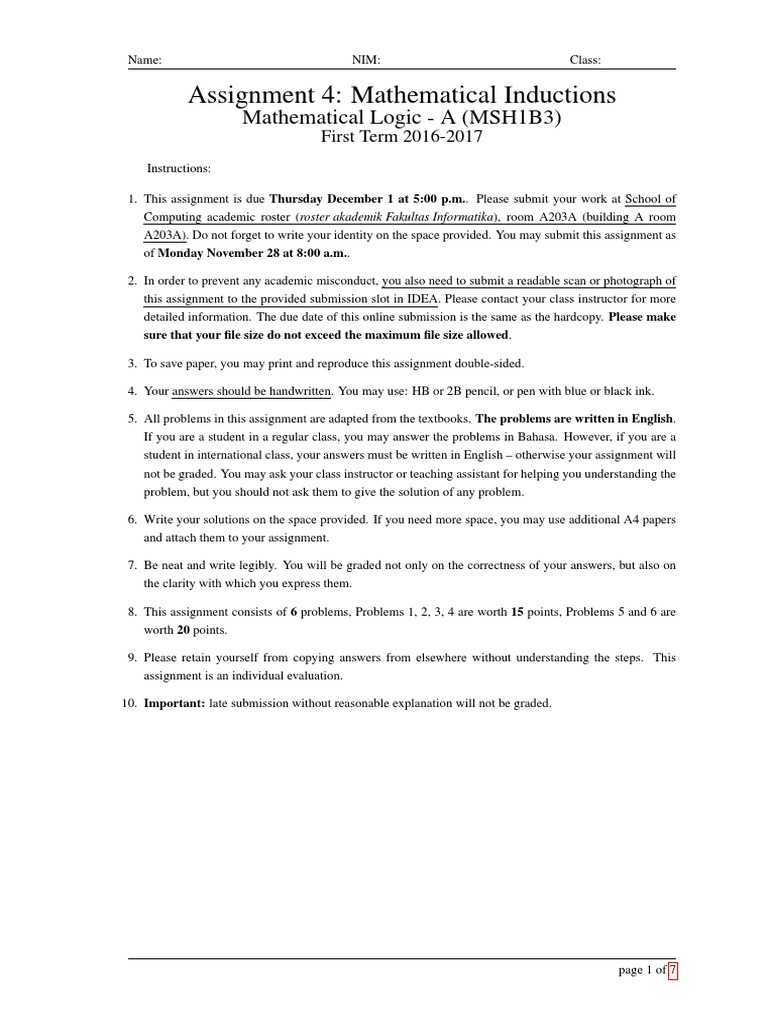 Assignment 4: Mathematical Inductions: Mathematical Logic - A (MSH1B3) | PDF | Recursion | Areas ...