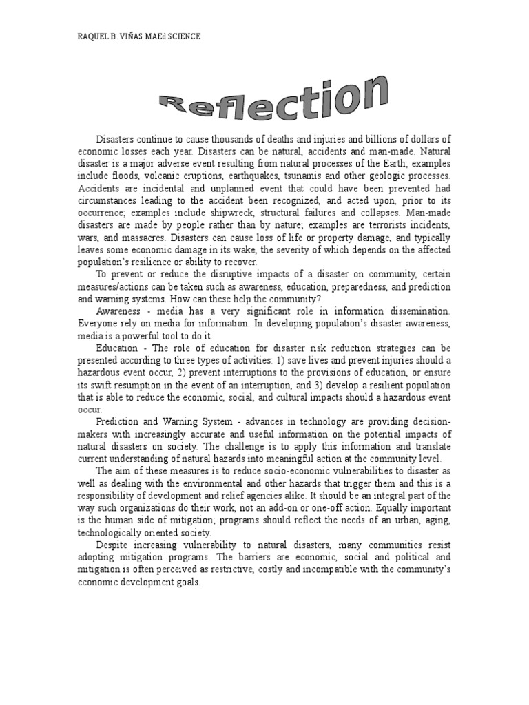Reflection On Disaster | PDF | Natural Disasters | Emergency Management