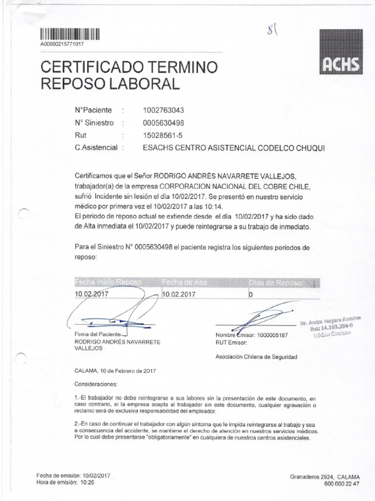 Certificado de Termino de Reposo Laboral Rodrigo Andrés Navarre | PDF