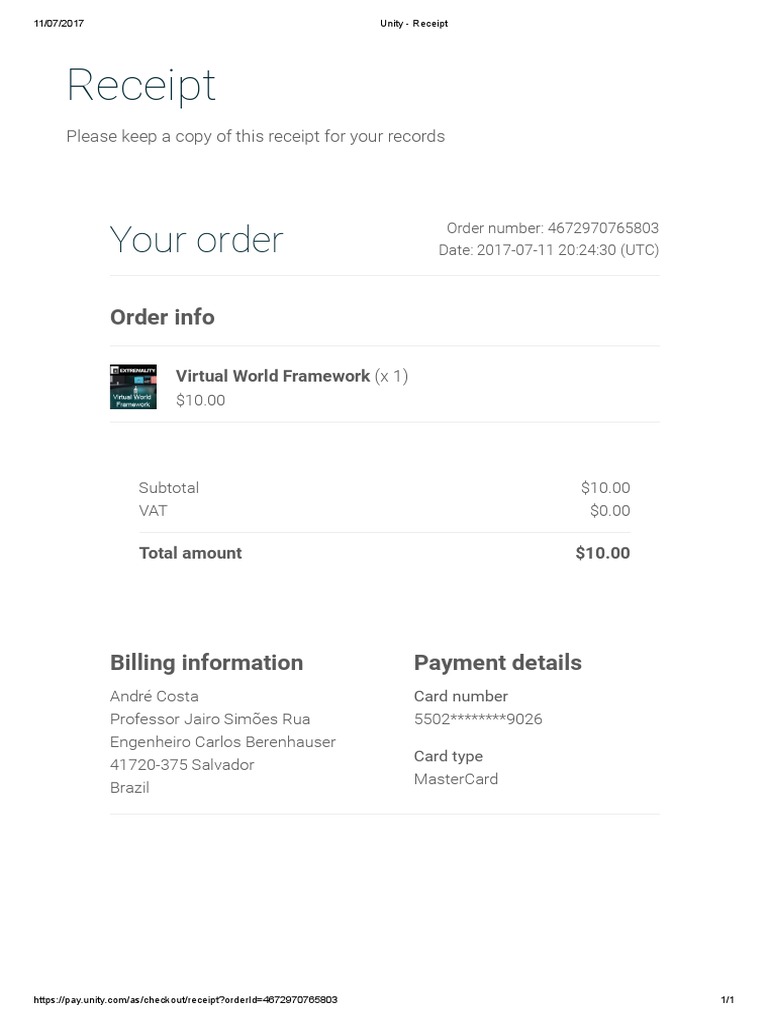 Unity - Receipt | PDF