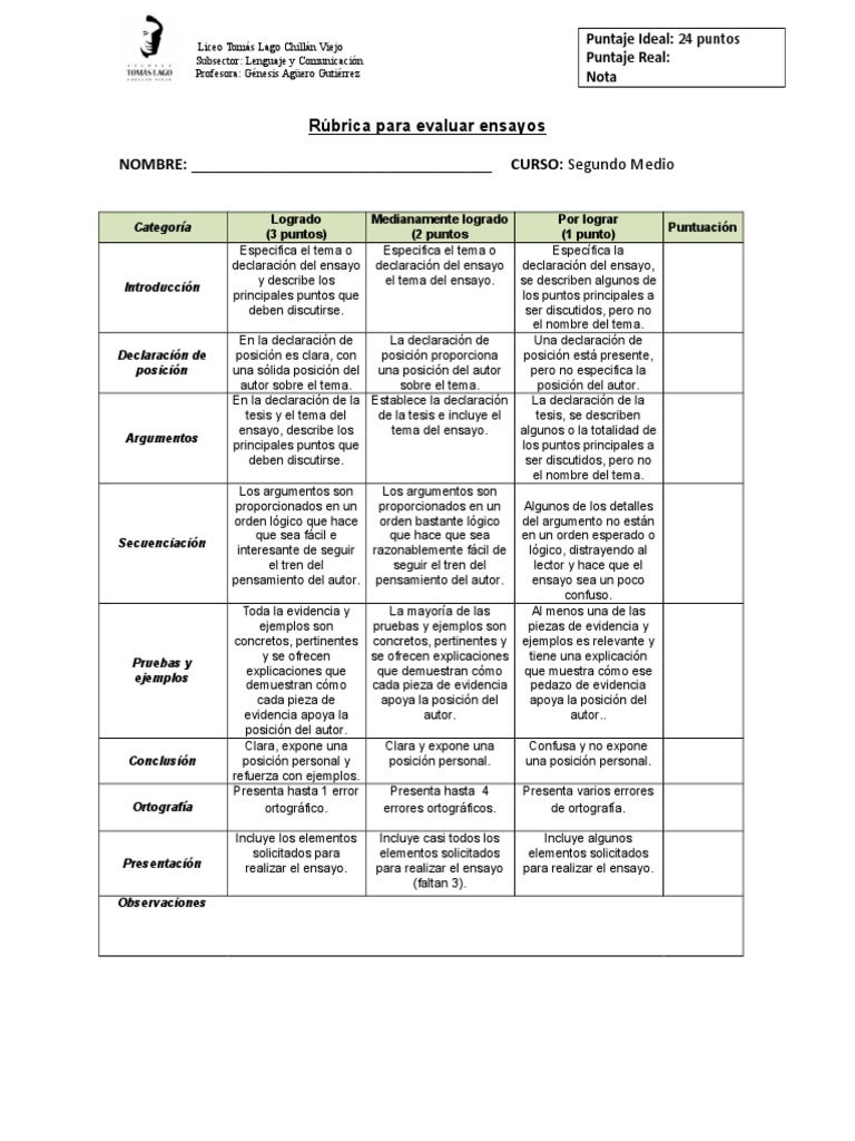 Rúbrica Para Evaluar Ensayos | Ensayos | Epistemología