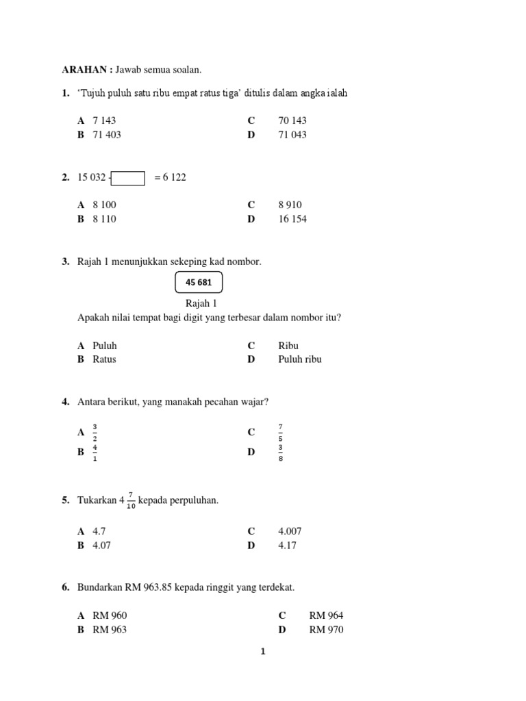 Soalan Akhir Tahun Math Tahun 4 | PDF