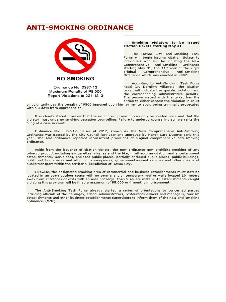 ANTI Smoking Ord | Local Ordinance | Government Information