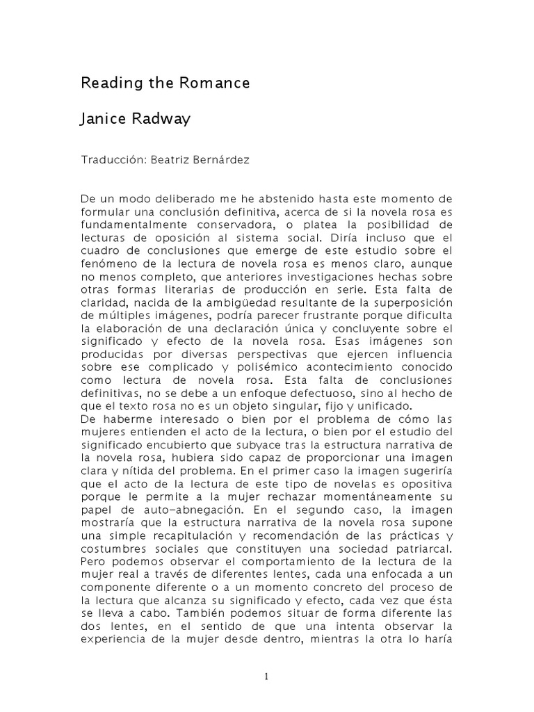Janice Radway. Reading The Romance, Traducido | PDF | Lectura (proceso ...