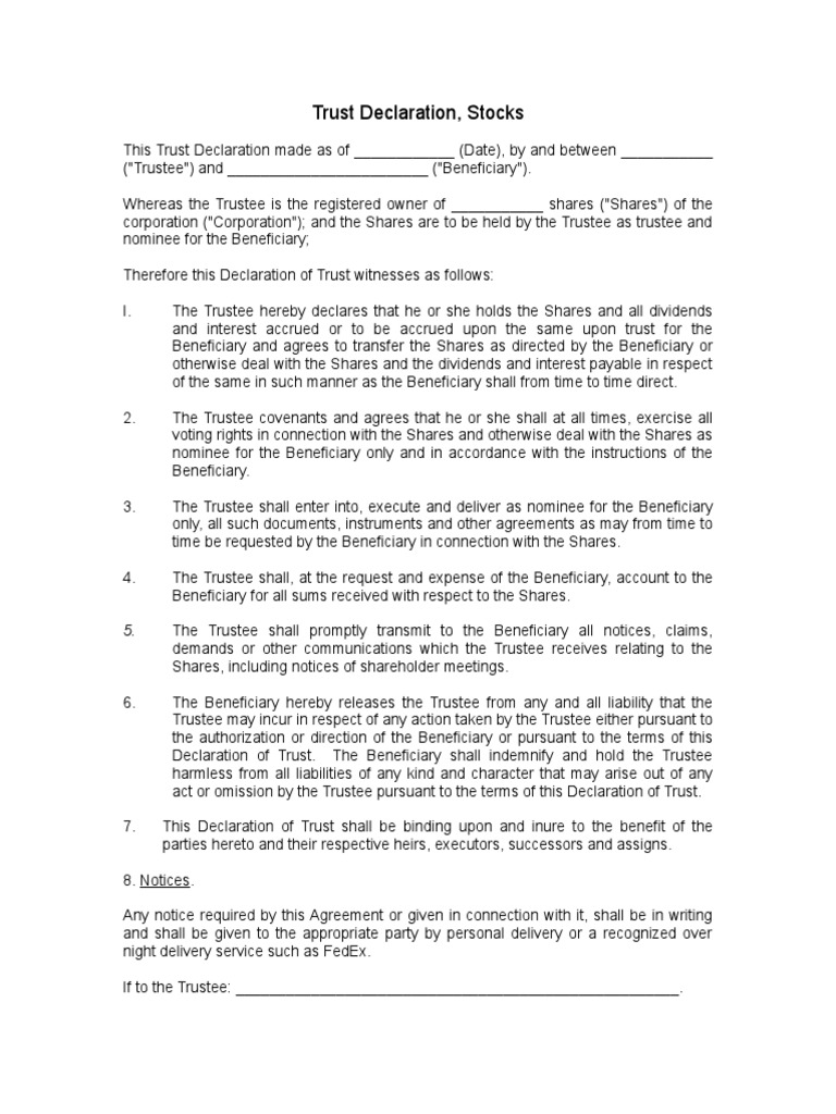 Trust Declaration, Stocks | PDF | Trust Law | Trustee