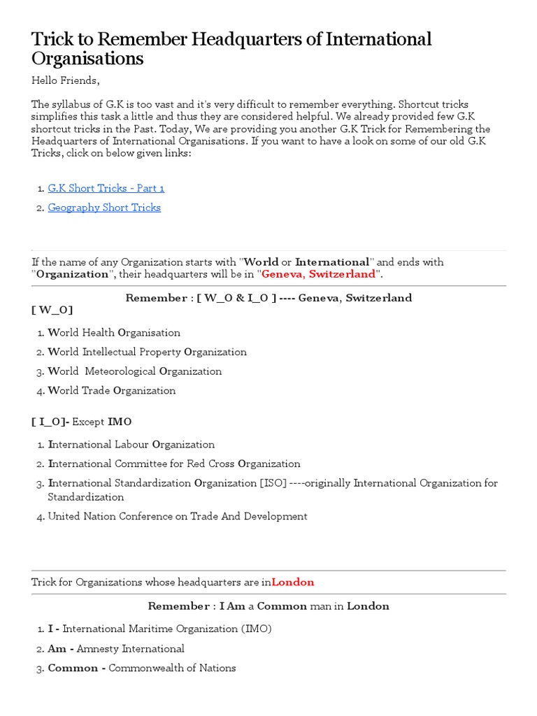 Trick To Remember Headquarters of International Organisations - SSC ...