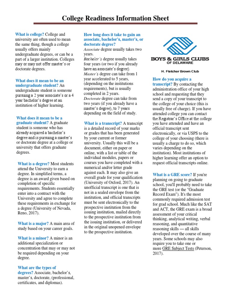 BGC Teen Program College Readiness Information Sheet 2 | PDF | Student ...