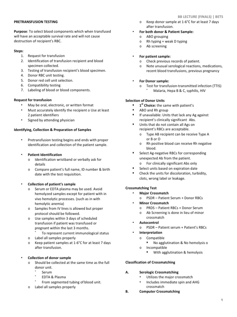 Pretransfusion Testing BB Lec Finals | PDF | Blood Transfusion | Blood Type