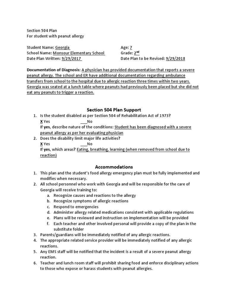 Section 504 Plan | PDF | Food Allergy | Allergy