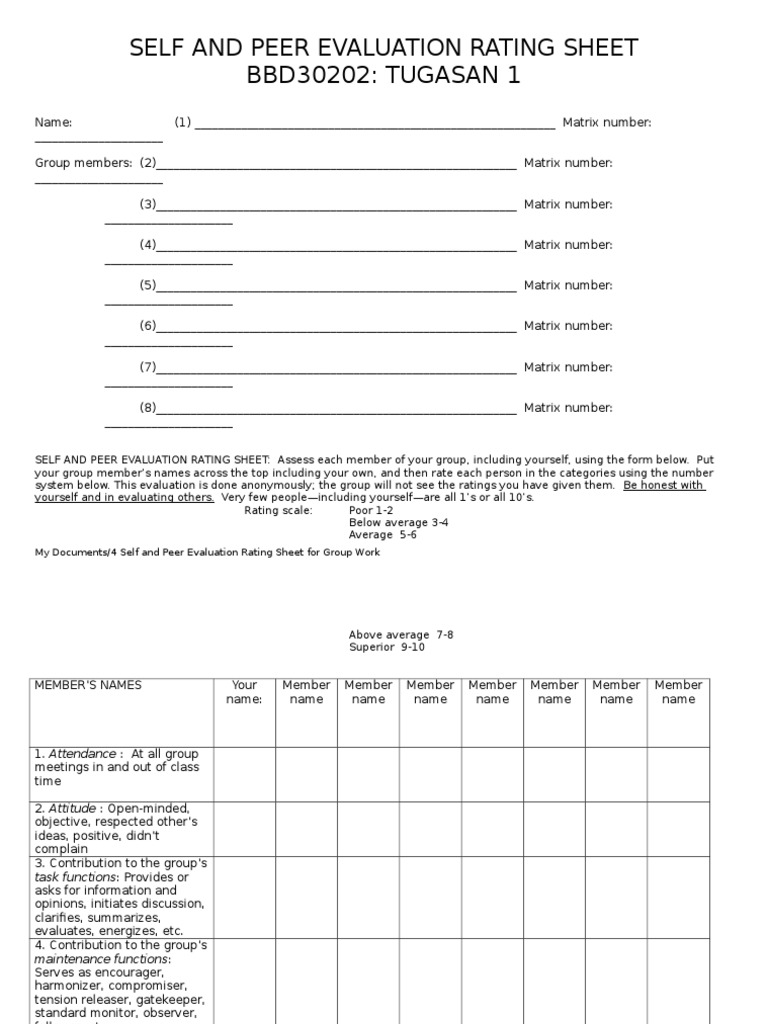 Self and Peer Evaluation Rating Sheet For Group Work | PDF | Action ...