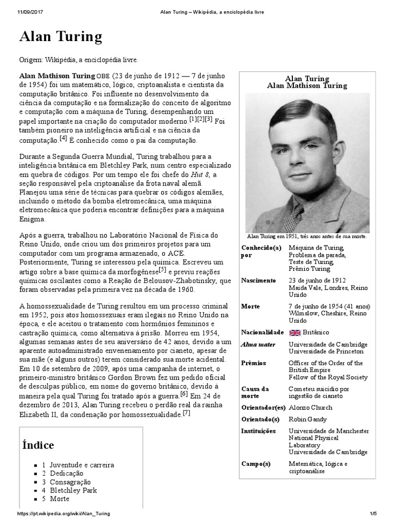 Alan Turing - Wikipédia, A Enciclopédia Livre PDF | Alan Turing | Science