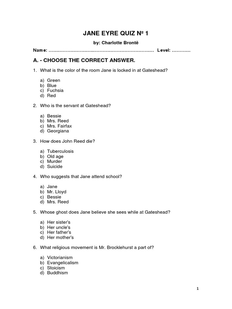 Jane Eyre Quiz Answers | PDF | Jane Eyre
