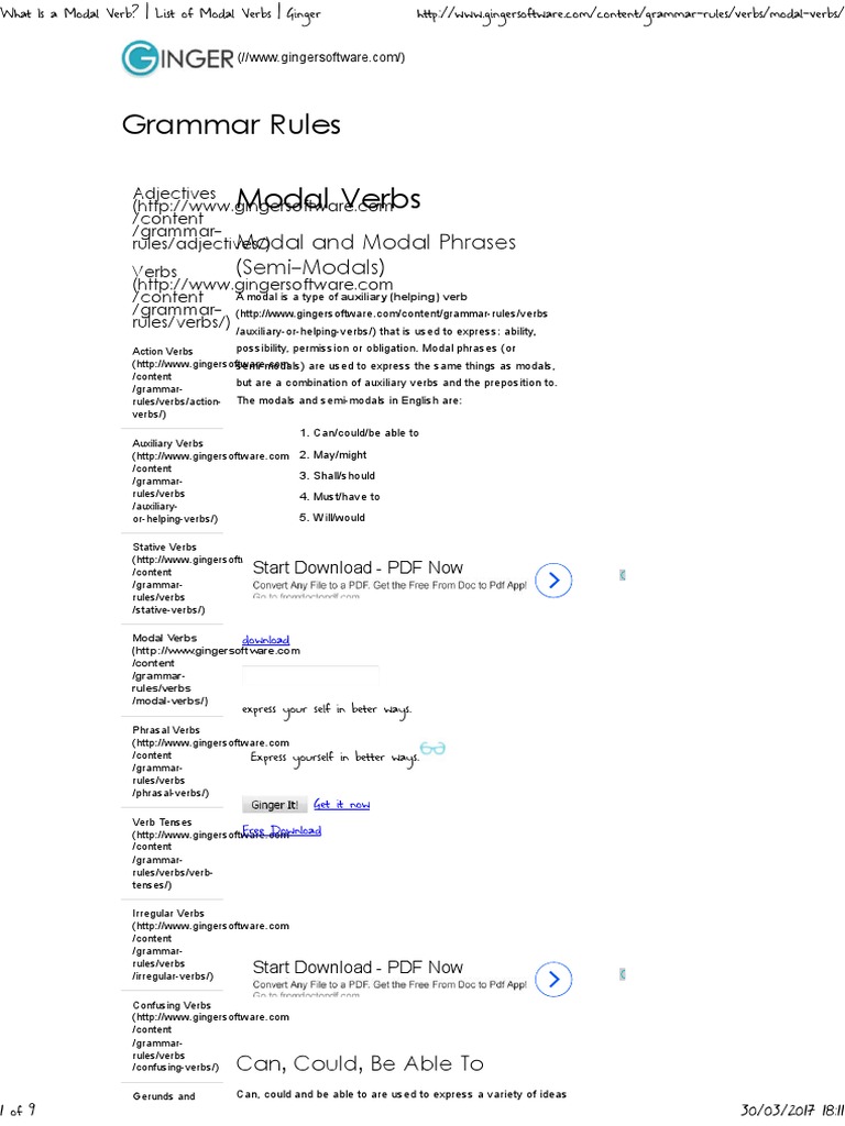 What Is A Modal Verb - List of Modal Verbs - Ginger | Download Free PDF ...