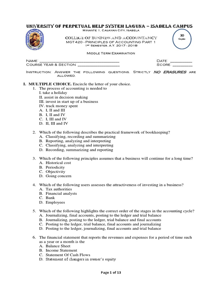 Accounting1 Midterm Exam 1st Sem Ay2017-18 | PDF | Debits And Credits ...