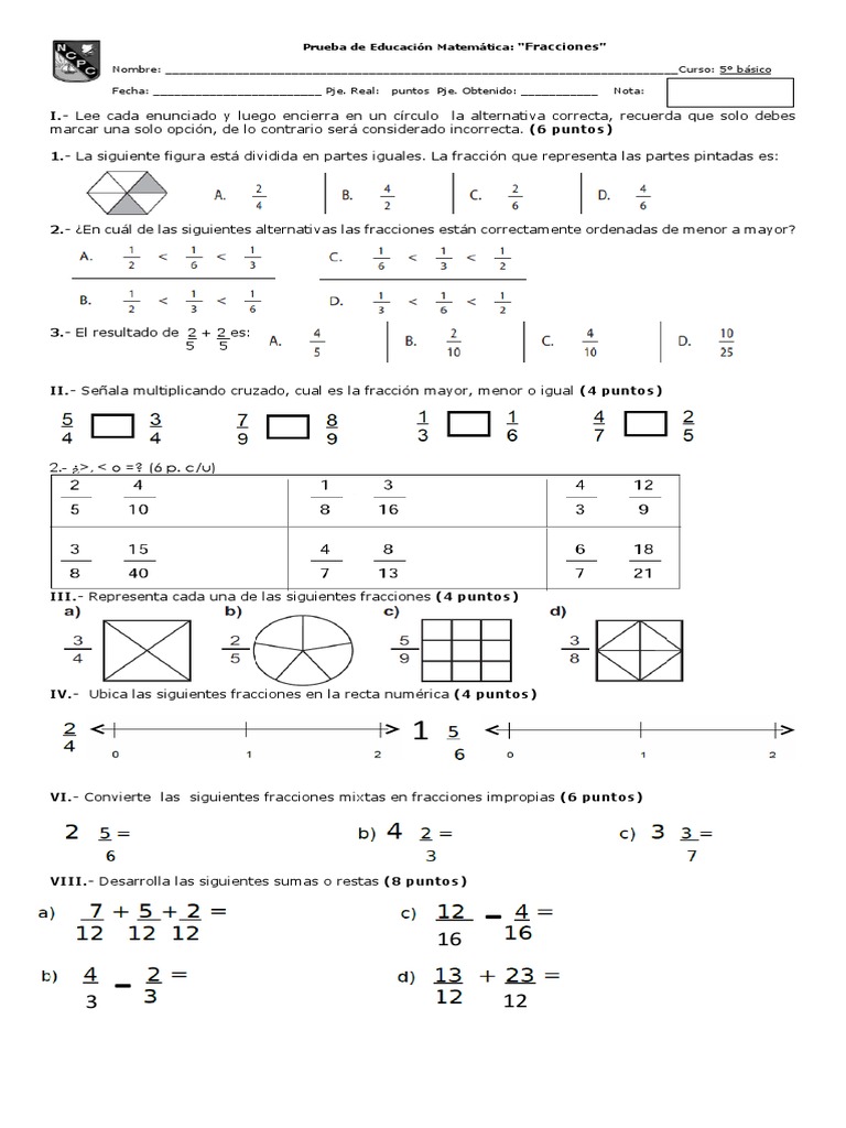 Prueba de Fracciones 5 | PDF