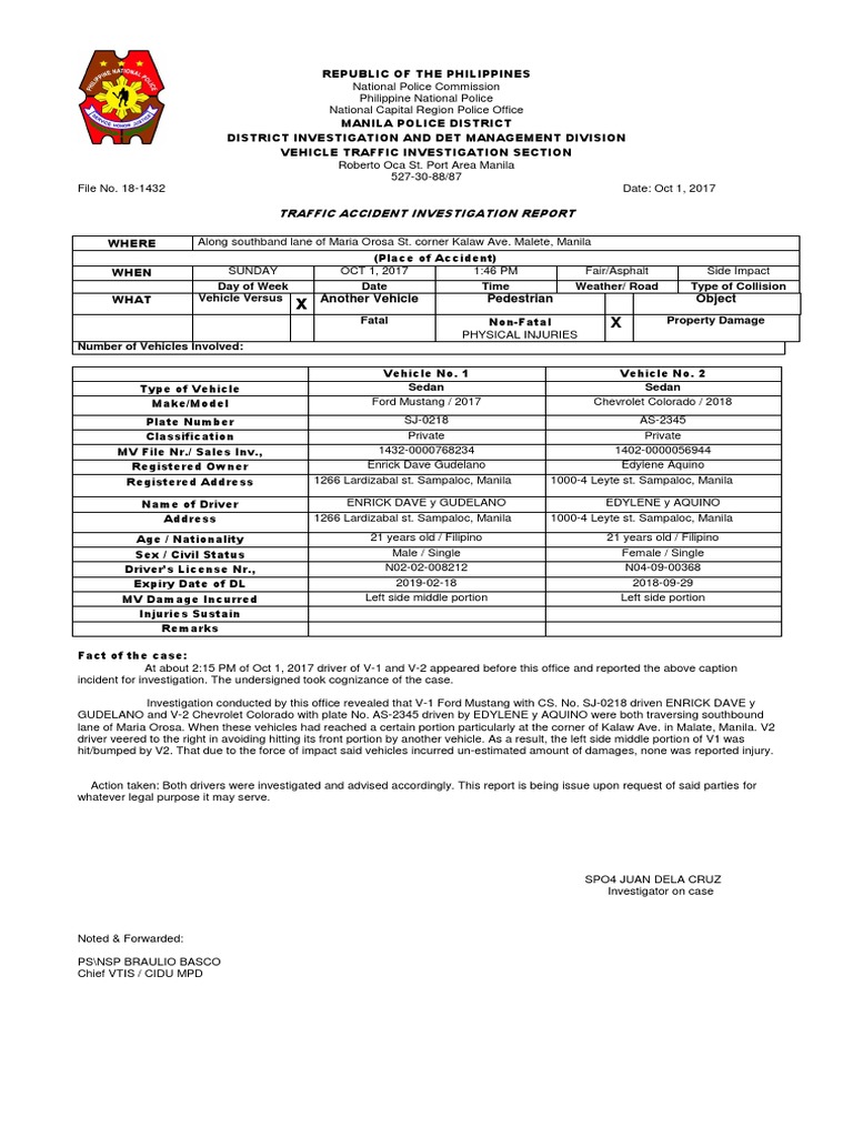 Traffic Accident Investigation Report: Another Vehicle Pedestrian ...