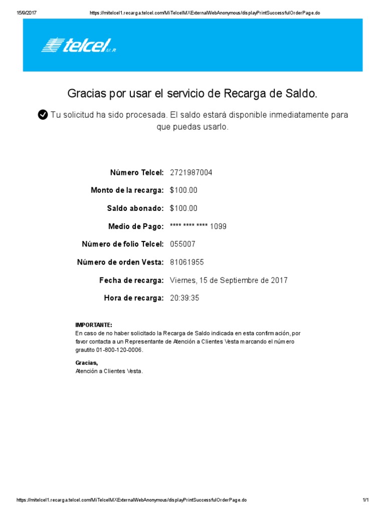 Confirmación de Recarga Telcel $100 | PDF