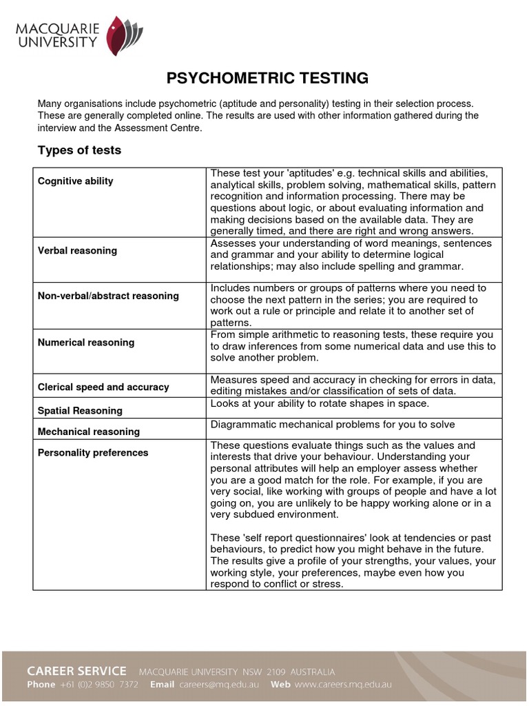 Psychometric Testing Handout | PDF | Reason | Psychometrics