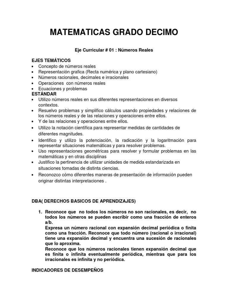 Matemáticas Grado Décimo: Números Reales y Funciones | PDF ...