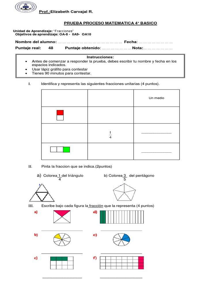 Prueba de Fracciones 4° Básico | PDF | Fracción (Matemáticas ...