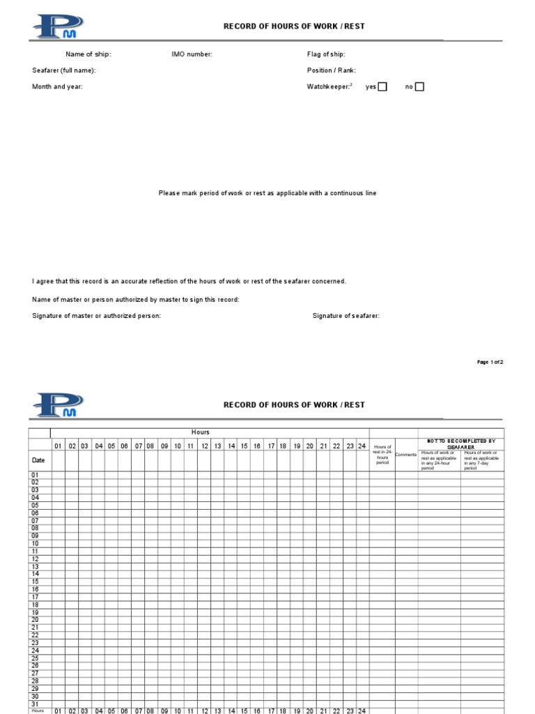 SM-CL B21 Records of Work, Rest Hours | PDF | Water Transport | Ships