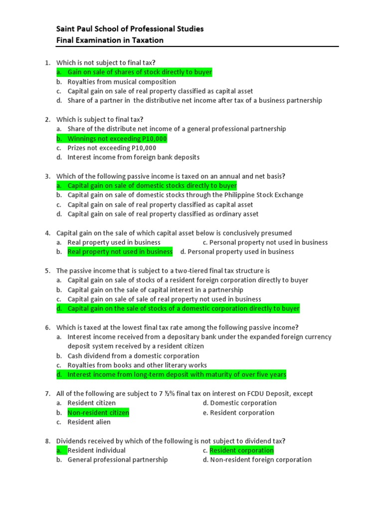 Taxation Final Exam Overview | PDF | Capital Gains Tax | Withholding Tax