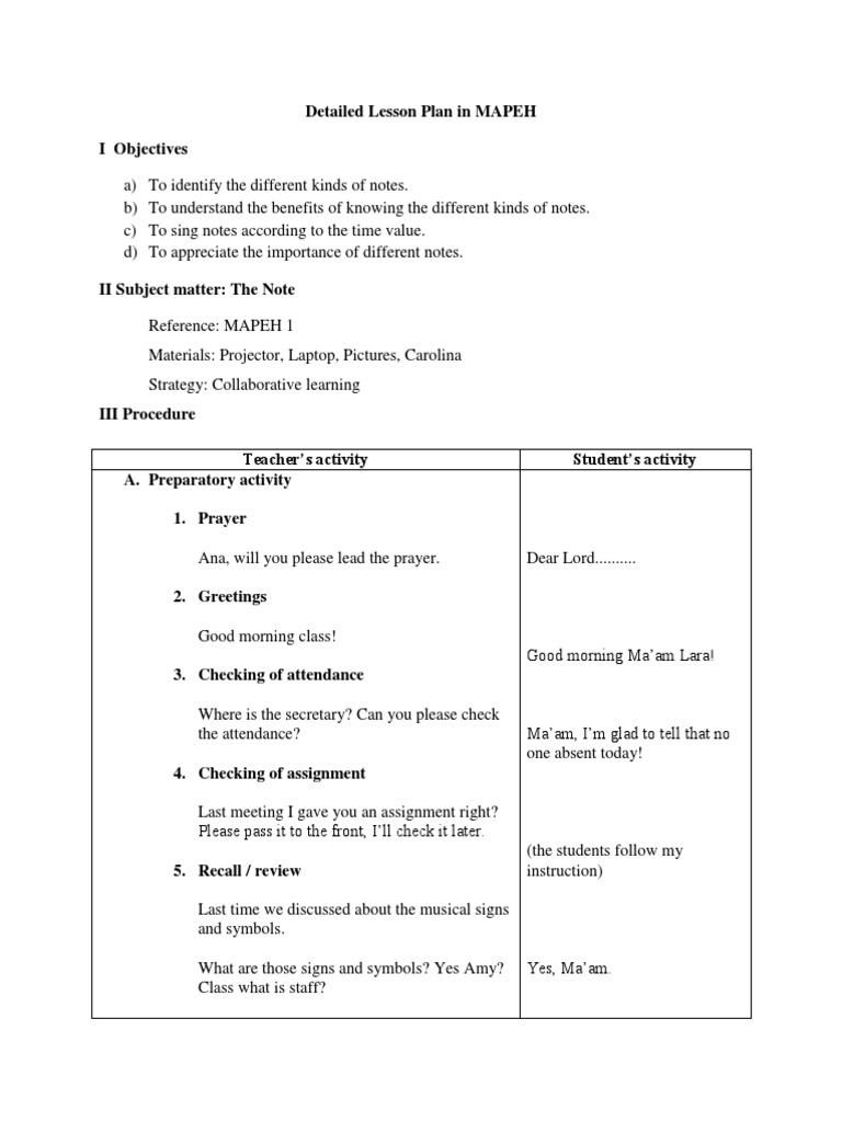 Semi Detailed Lesson Plan In Mapeh Elementary Lesson Plan
