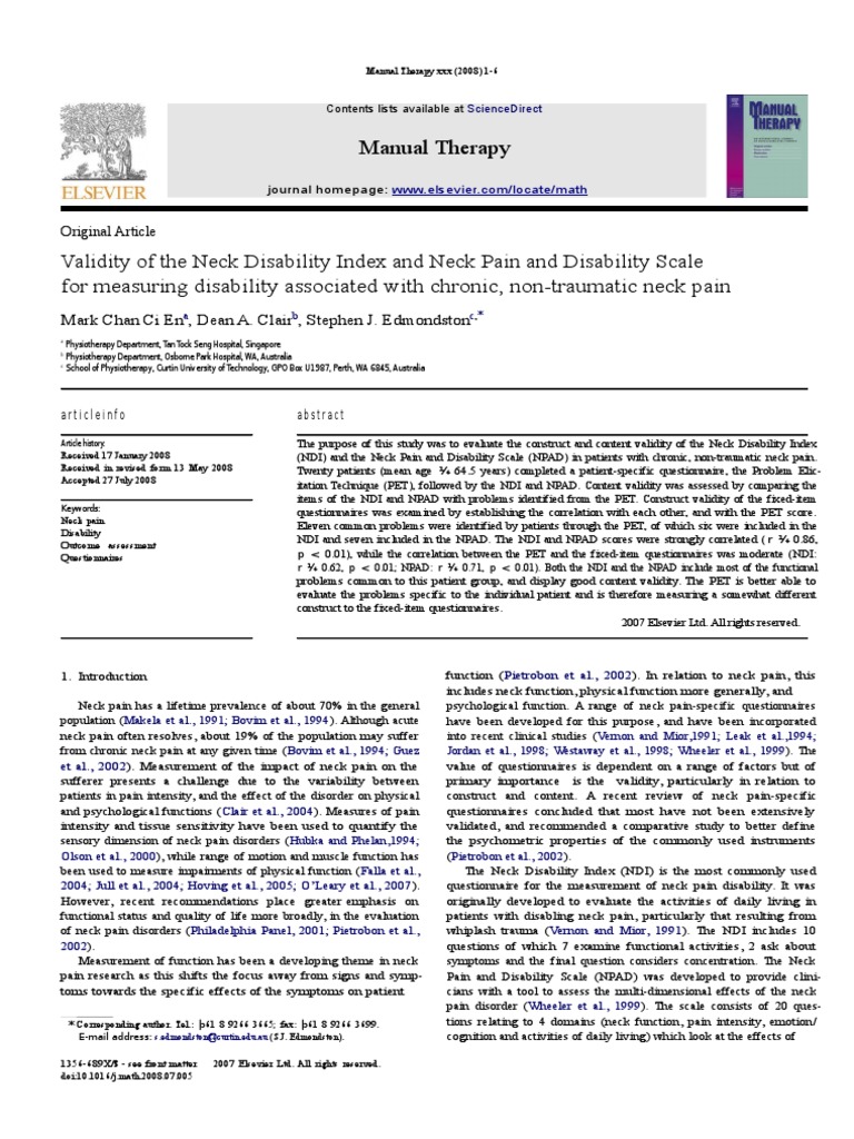 Validity of The Neck Disability Index and Neck Pain and Disability ...
