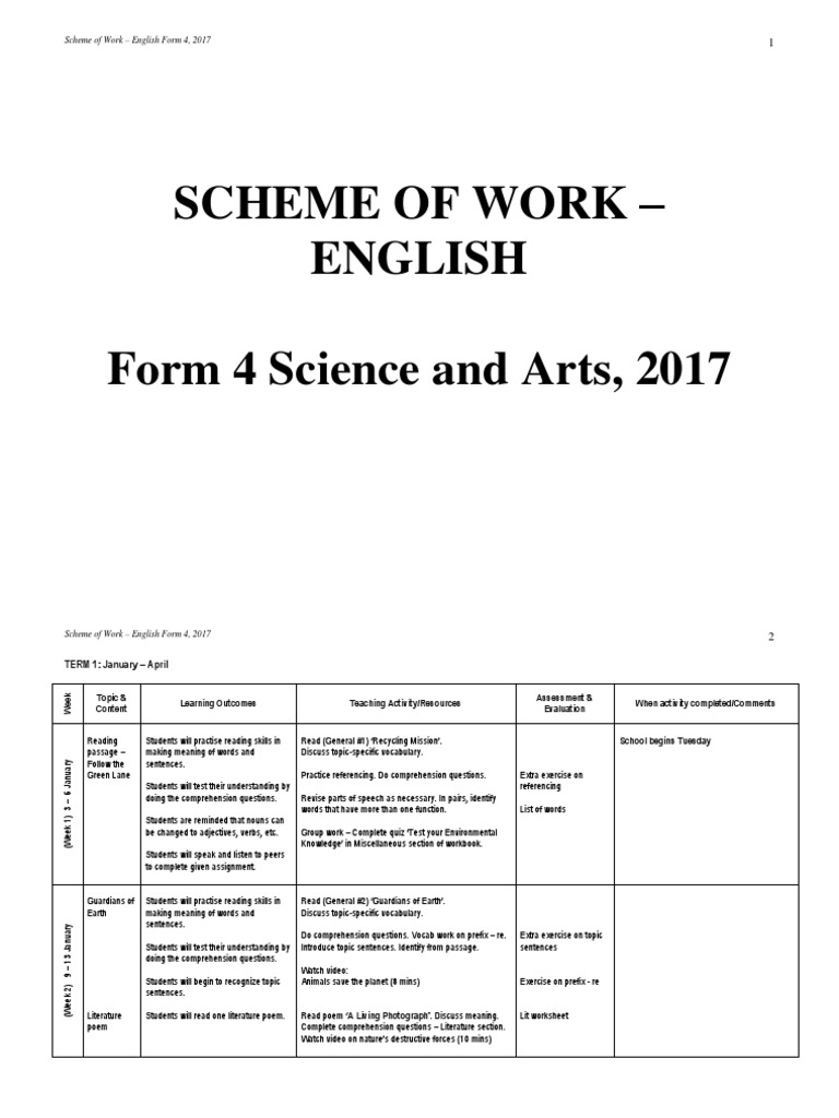 SoW F4 Eng 2017 | PDF | Reading Comprehension | Educational Assessment