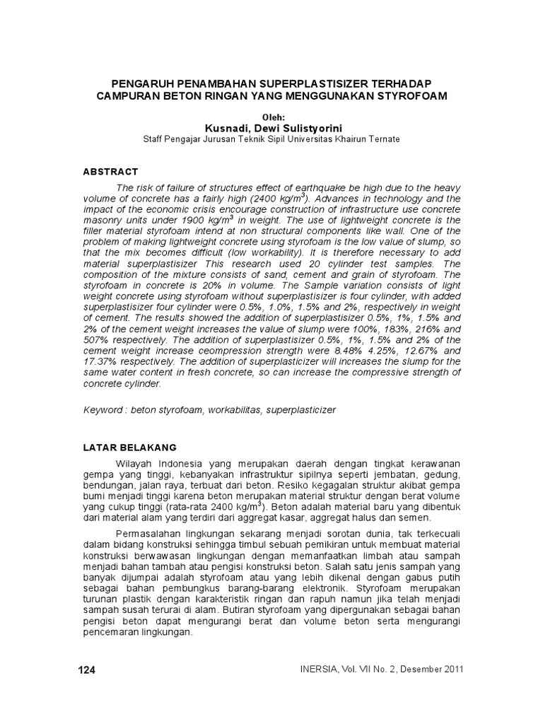 Pengaruh Penambahan Superplastisizer Terhadap Campuran Beton Ringan Yang Menggunakan Styrofoam | PDF