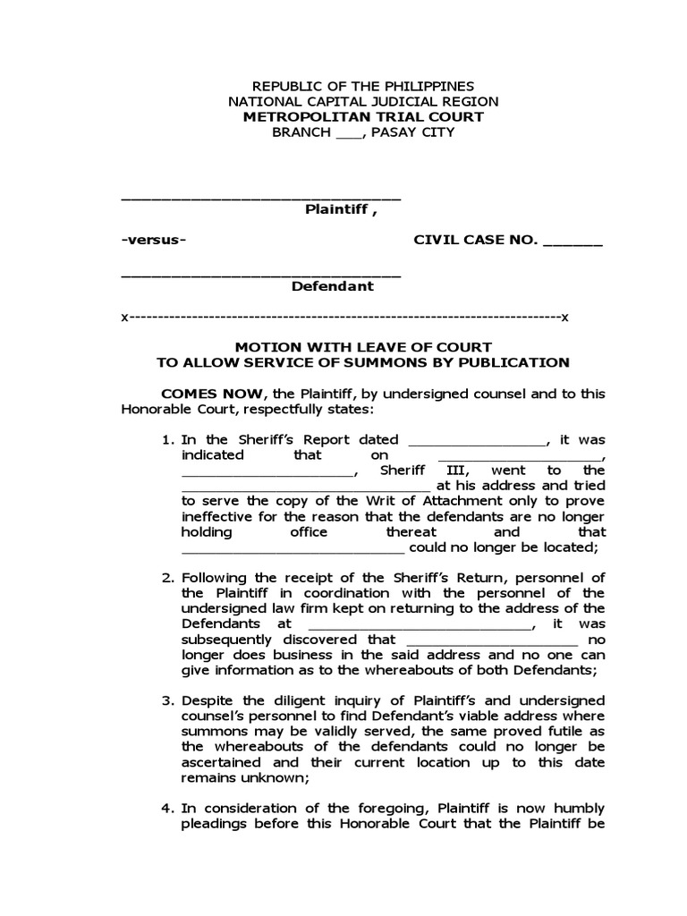 Motion for Summons by Publication | PDF | Summons | Pleading