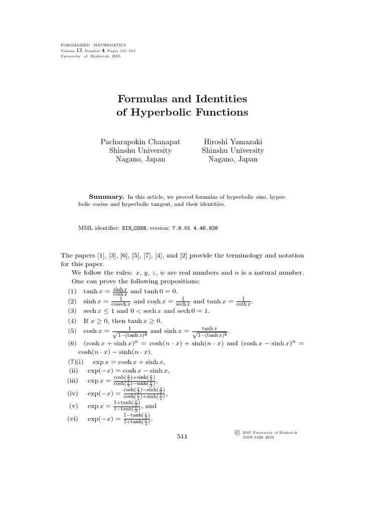 Formulas and Identities of Hyperbolic Functions: Proving Relationships ...