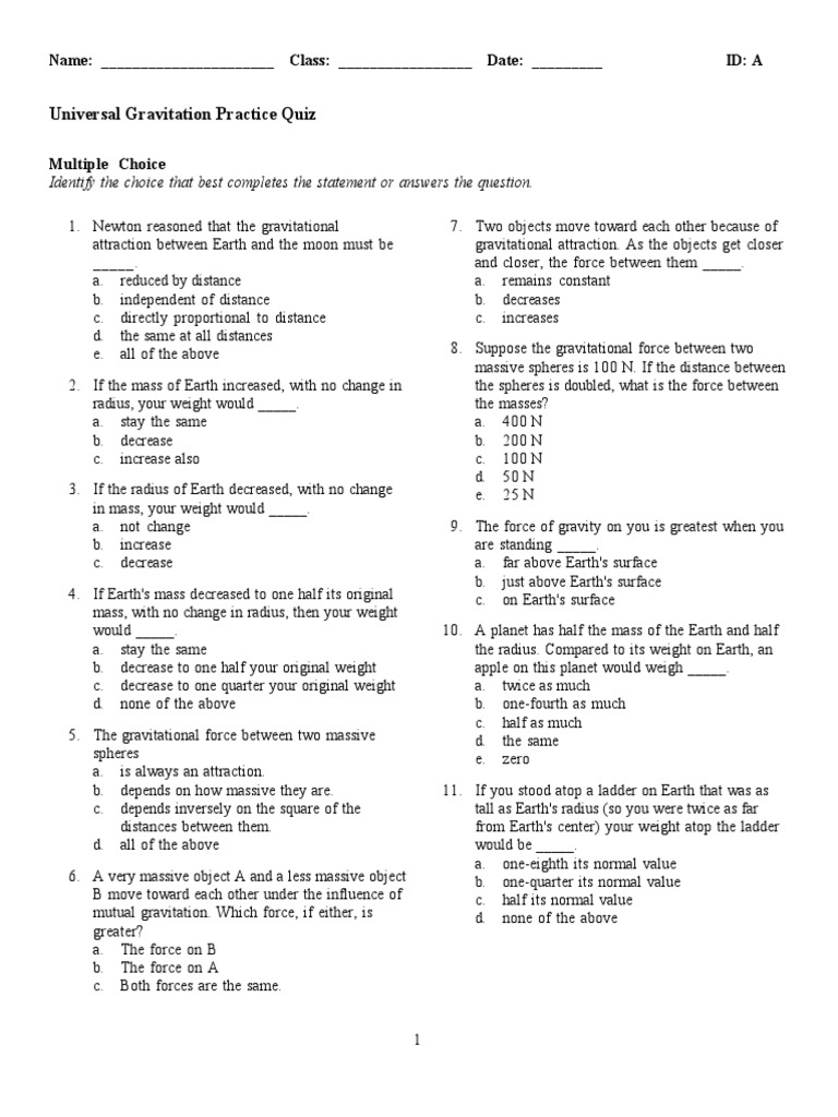Universal Gravitation Practice Quiz | PDF | Gravity | Newton's Law Of ...
