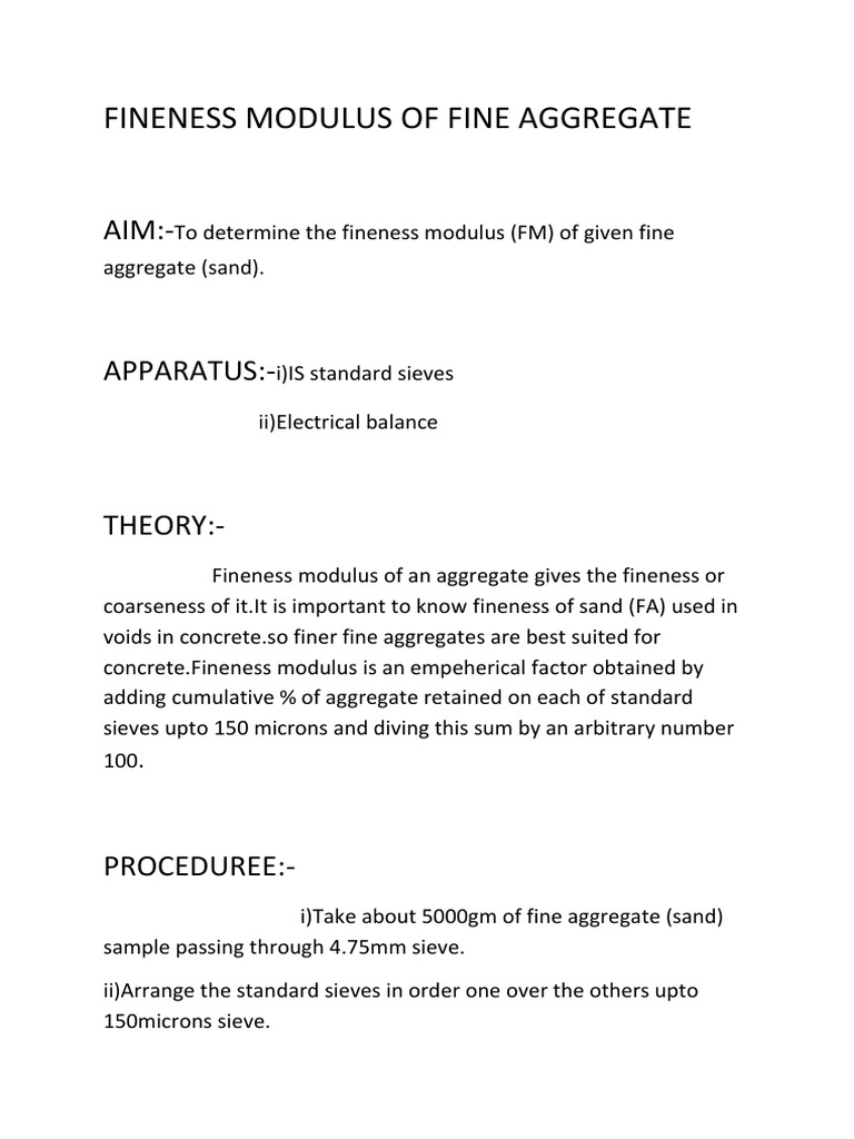 Fineness Modulus of Fine Aggregate | PDF | Sand | Physical Sciences