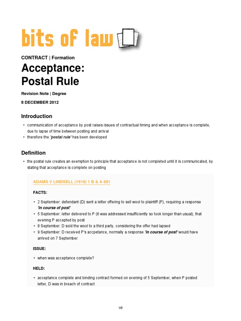 Acceptance Postal Rule | PDF | Offer And Acceptance | Contract Law