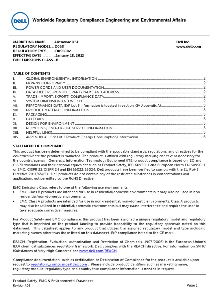 Dell Alienware x51 r2, d05s, d05s002, Dell Regulatory and Environmental Datasheet | PDF | Energy ...
