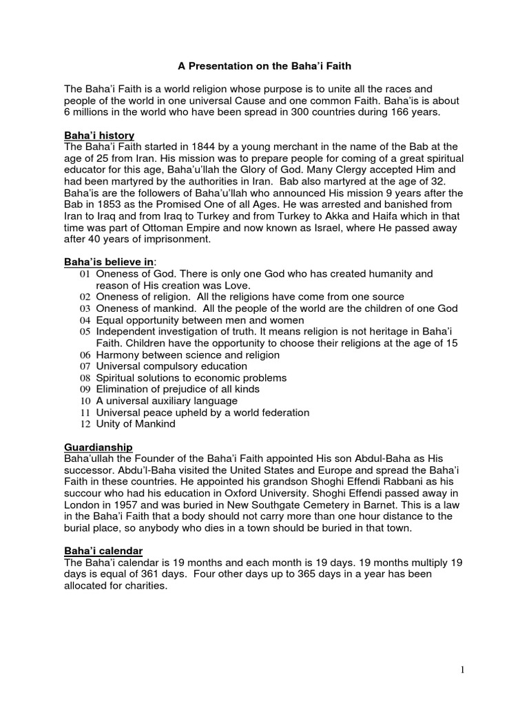 Baha'i Religion Presentation | PDF | Bahá'í Faith | Religious Belief ...