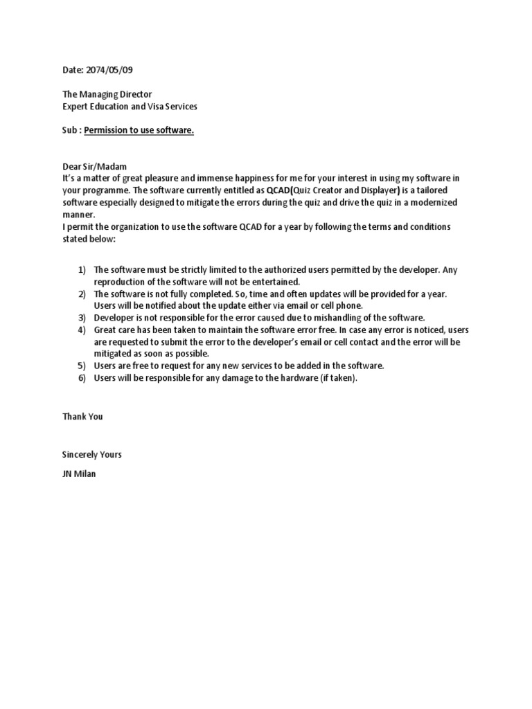 A Sample of Software Usage Permission Letter | PDF