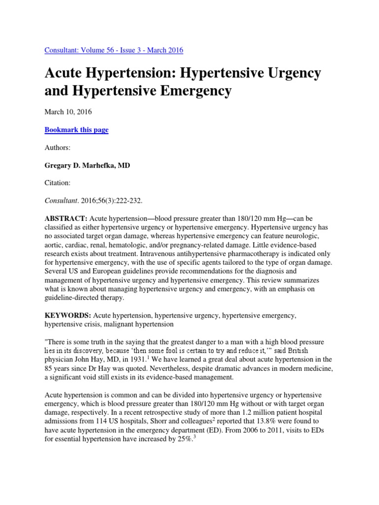 Acute Hypertension-Hypertensive Urgency and Hypertensive Emergency ...