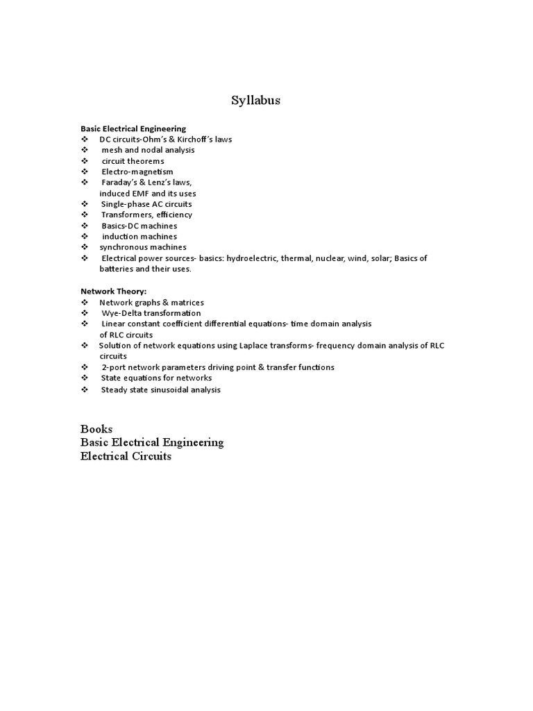Syllabus: Books Basic Electrical Engineering Electrical Circuits | PDF