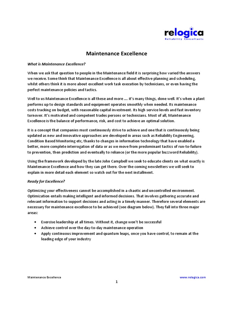 Maintenance Excellence Guide | PDF | Strategic Management | Reliability ...