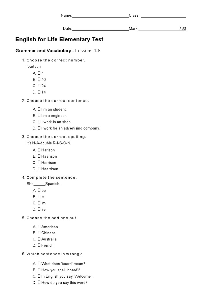 English for Life Elementary Test | PDF | English Language | Human ...