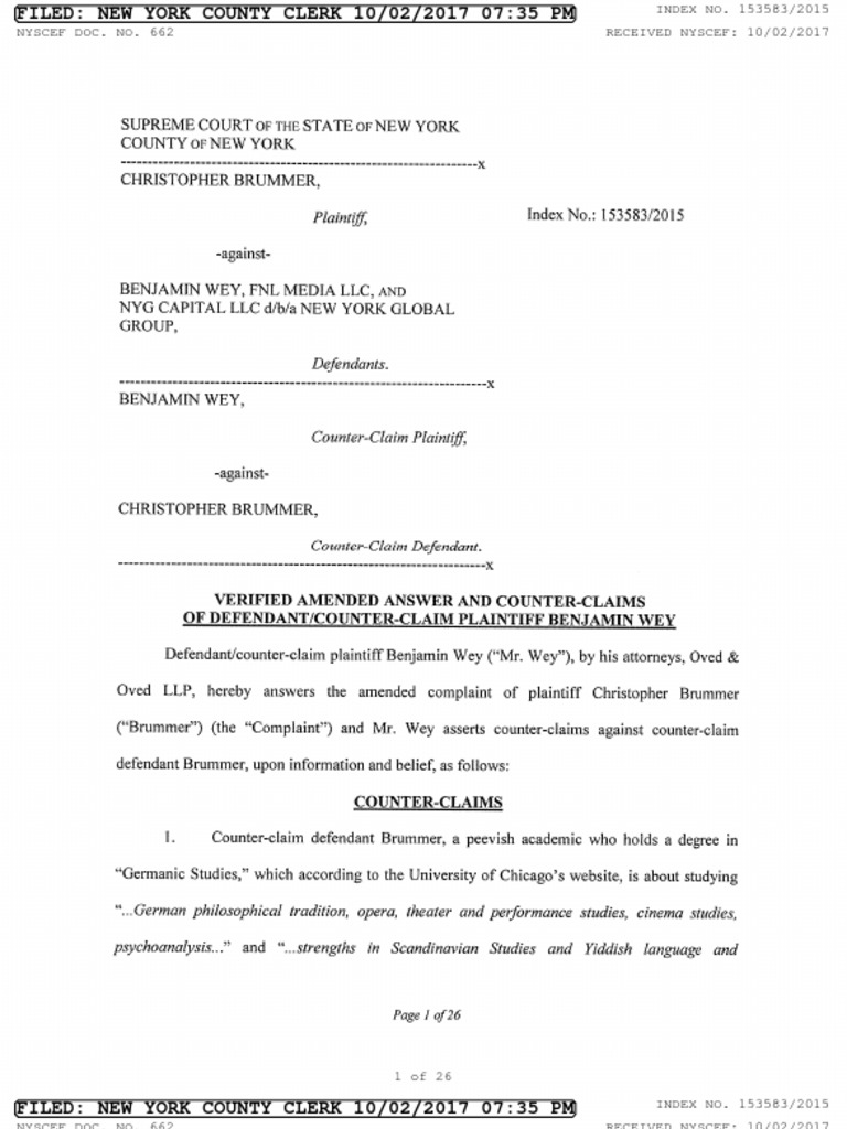Verified Amended Answer With Counterclaims by Benjamin Wey State of NY ...