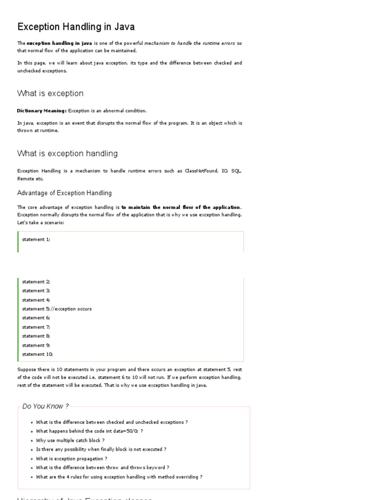 Exception Handling In Java Pdf Java Programming Language Software Development