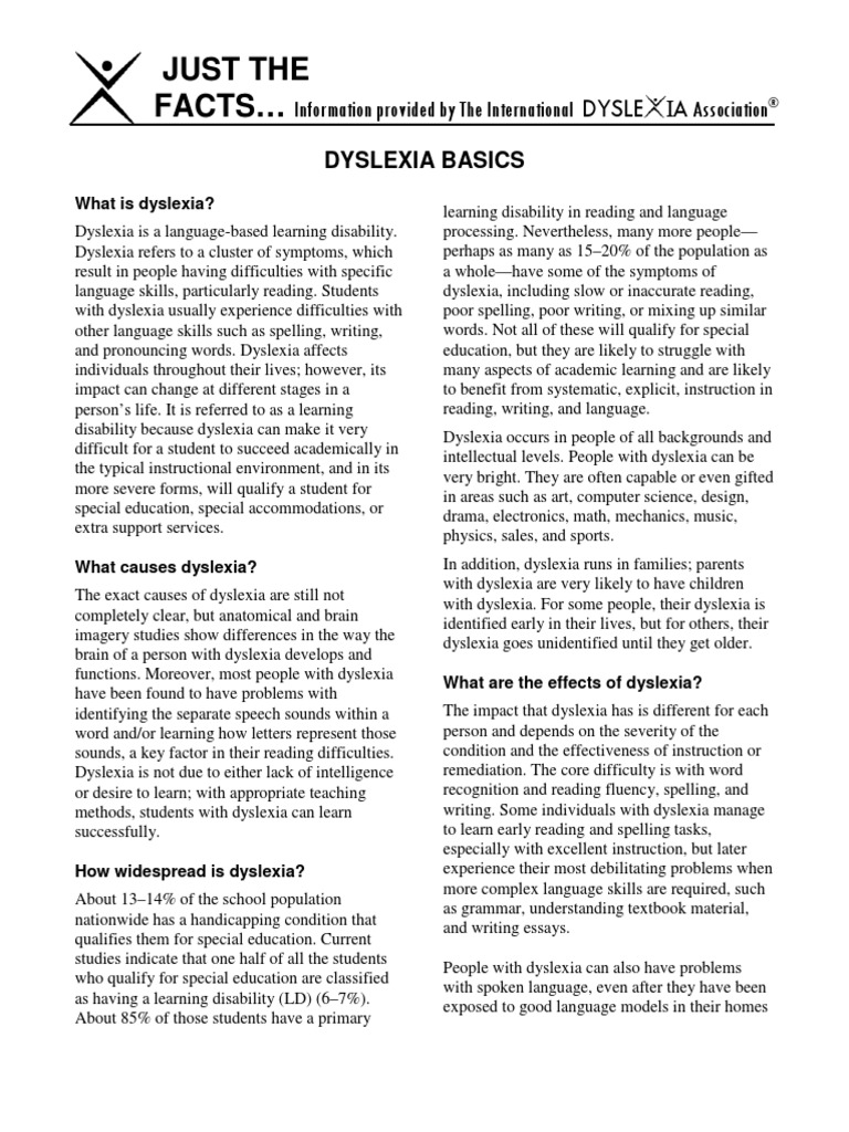 Dyslexia Basics Fact Sheet 6-6-17 | PDF | Dyslexia | Learning Disability