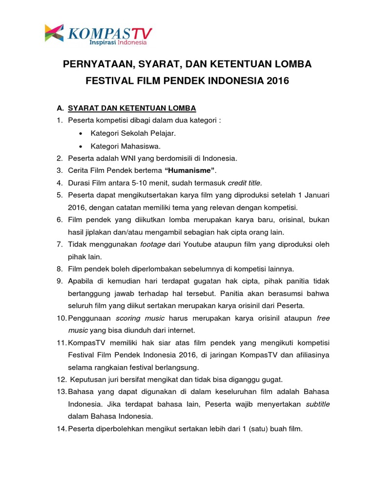Syarat Dan Ketentuan Lomba Film Pendek Indonesia 2016 (Revisi 1) | PDF | Ilmu Sosial